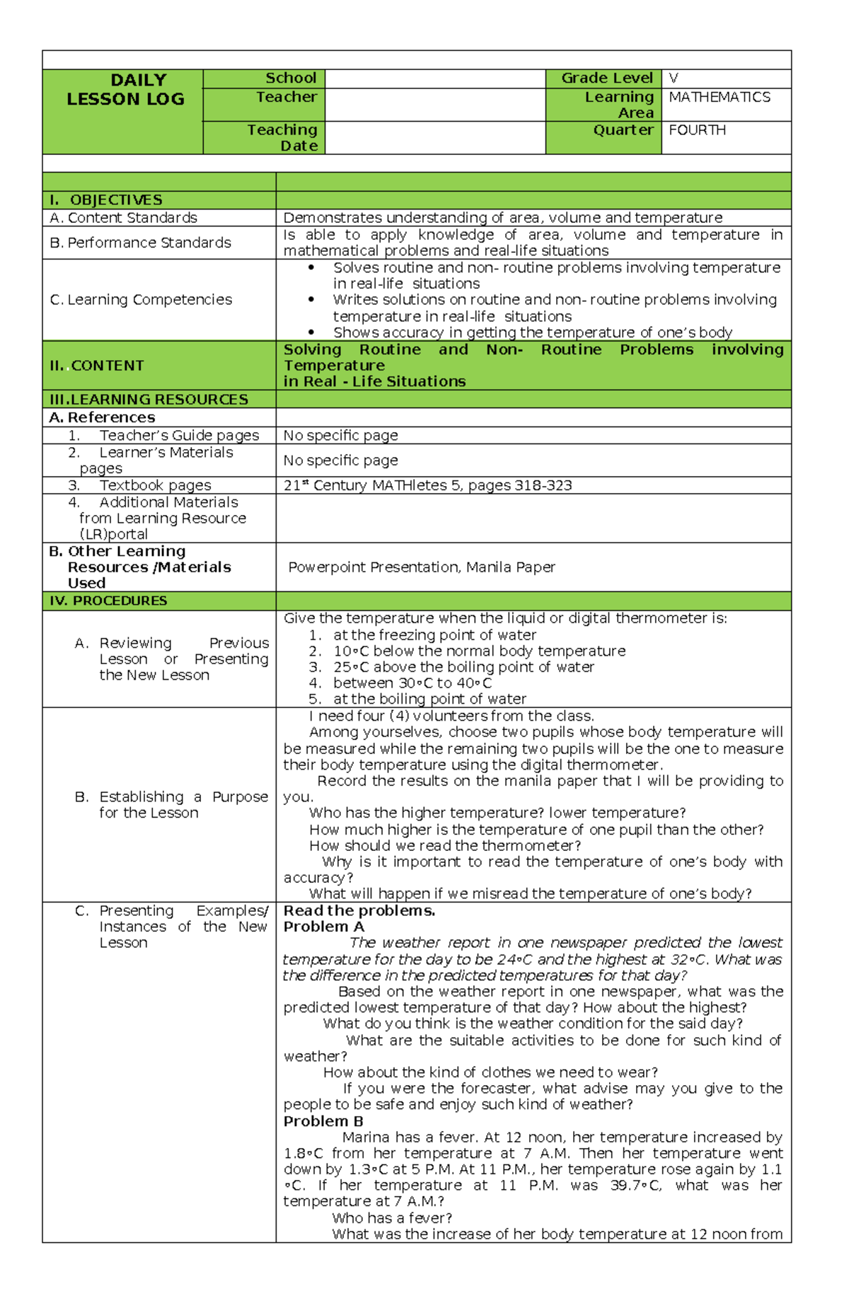 Daily Lesson Log (DLL) COT#3: Math 5 - 4th Quarter Temperature Concepts - Studocu