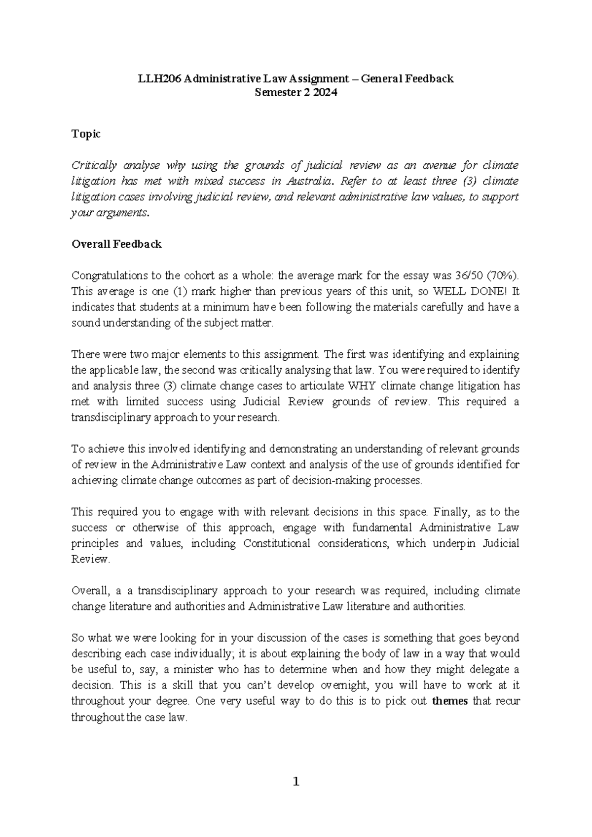 24 LLH206 Task 1 General Feedback - LLH206 Administrative Law ...