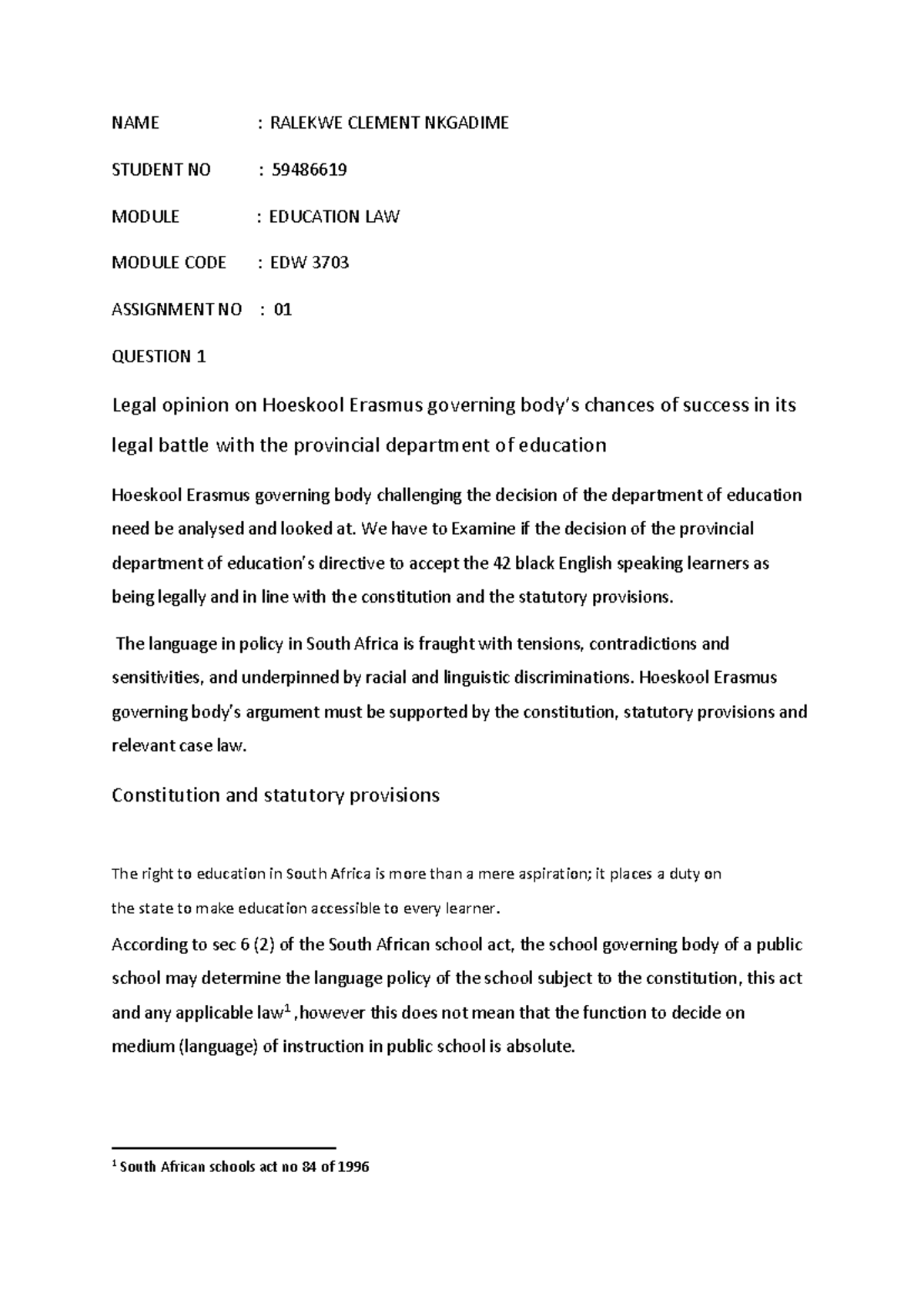EDW 3703 Assignment 01: Legal Opinion on Hoeskool Erasmus Case - Studocu