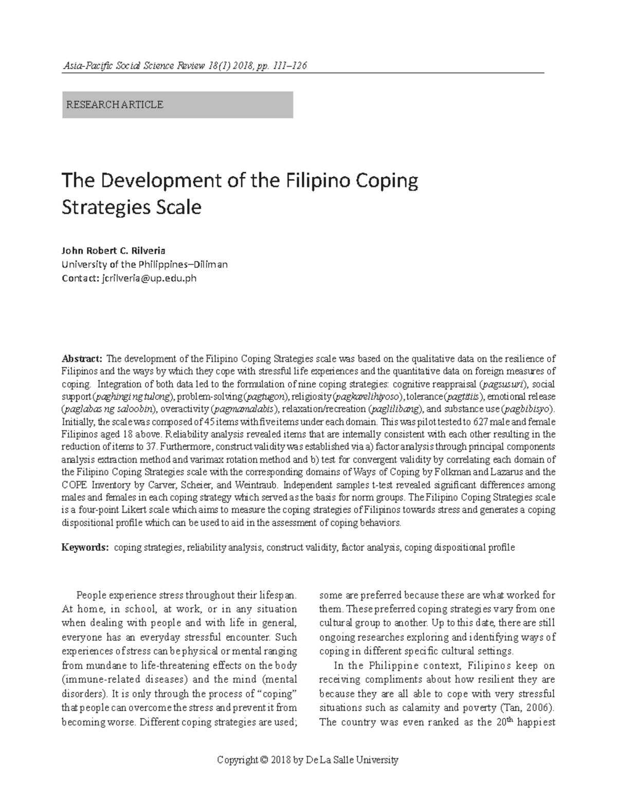 Filipino Coping Strategies Scale Development: A Quantitative Study ...