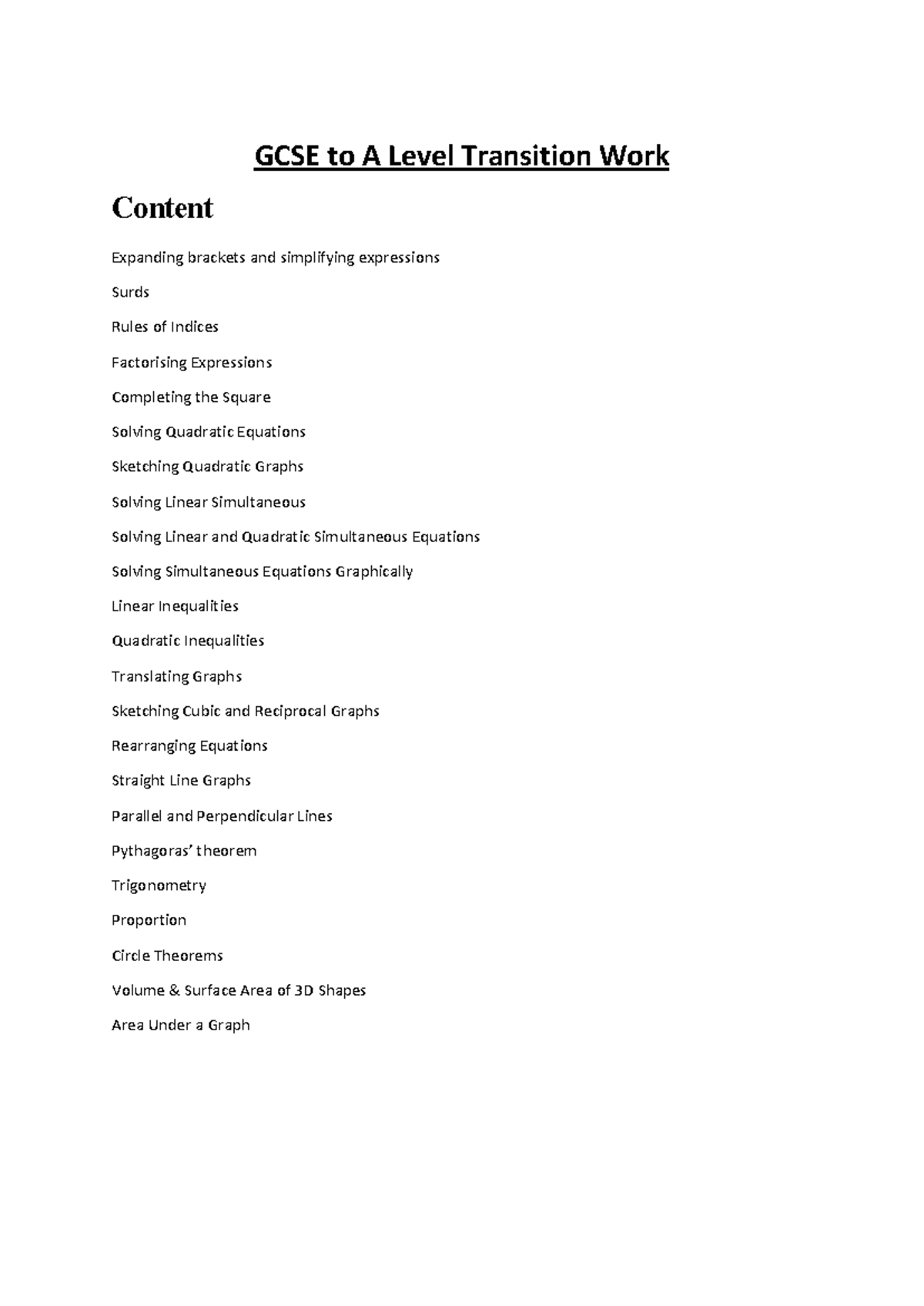 GCSE to A Level Transition: Algebra and Graphs Study Guide - Studocu