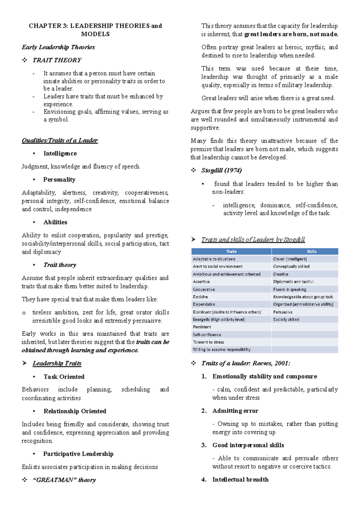 NCM 119 CH3 - Overview of Leadership Theories and Models - Studocu