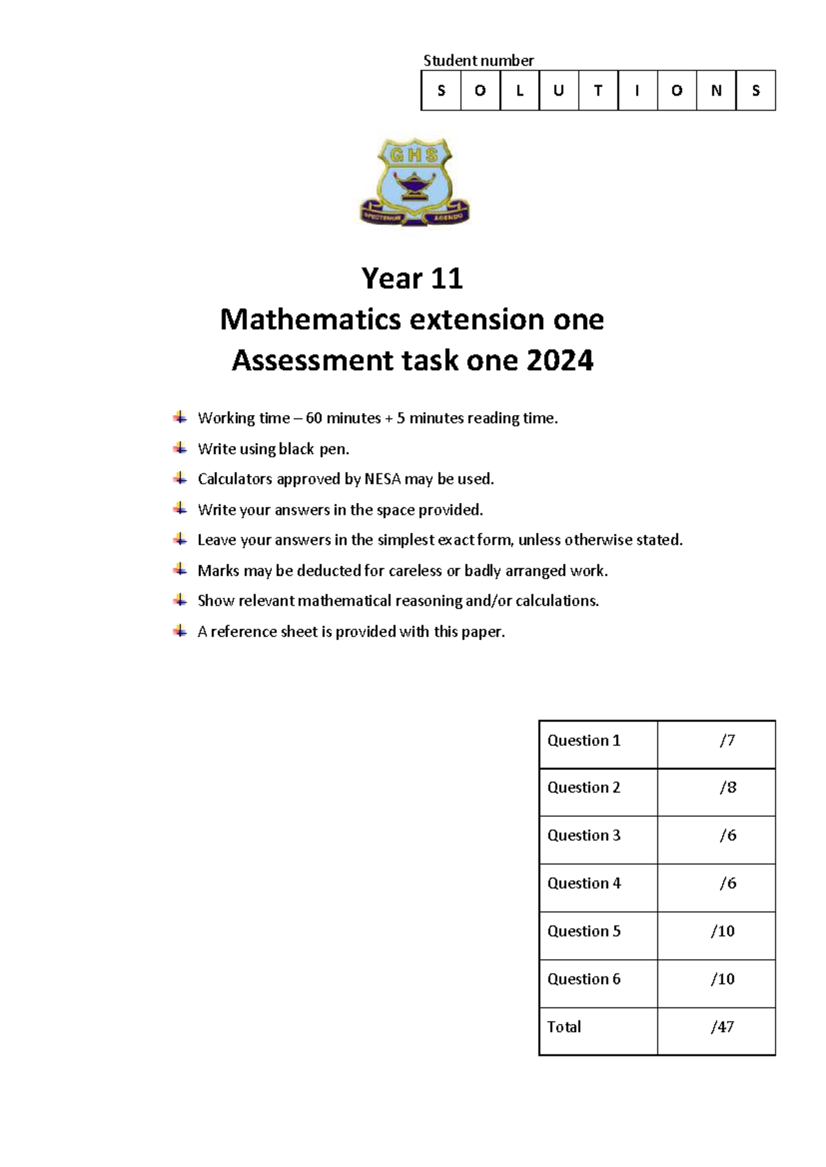 Y11 Mathematics Extension 1 Task 1 2024 Solutions - Studocu