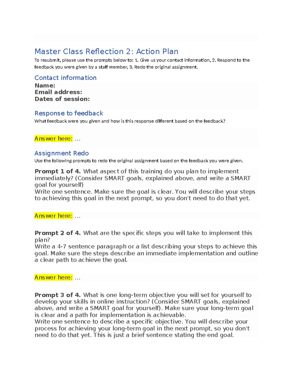 Reflection 2 Action Plan Resubmission - Word version - Master Class ...