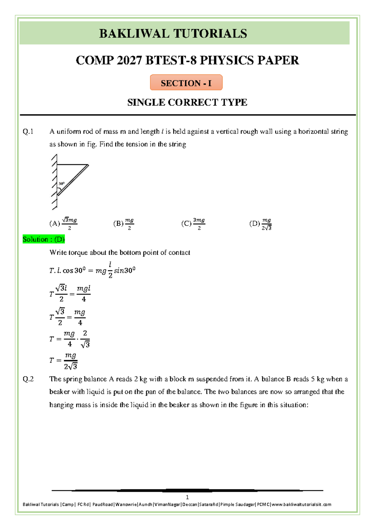 C27 Btest-8 Physics Paper: Concepts and Solutions - Studocu