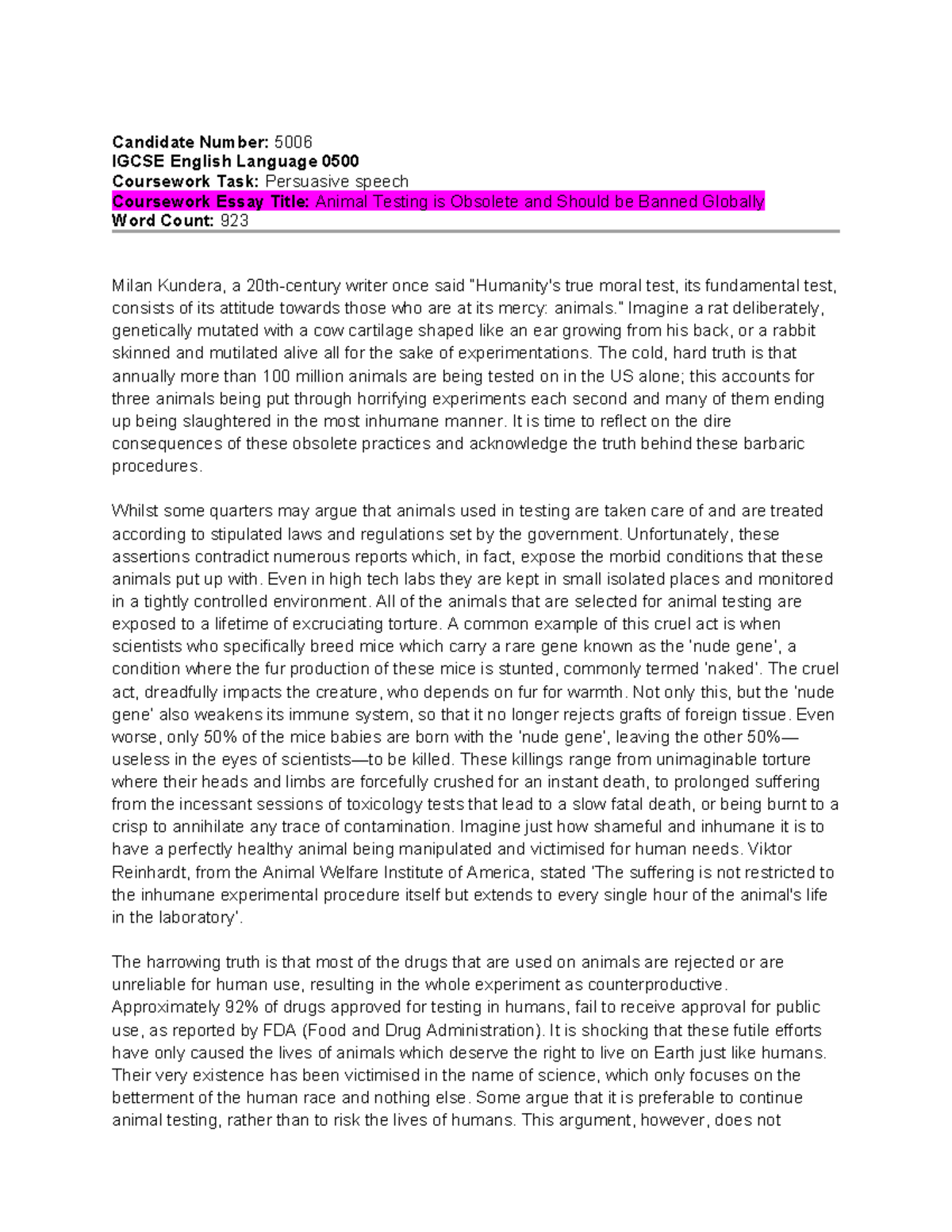 IGCSE English Language 0500 Coursework: Persuasive Speech on Animal ...