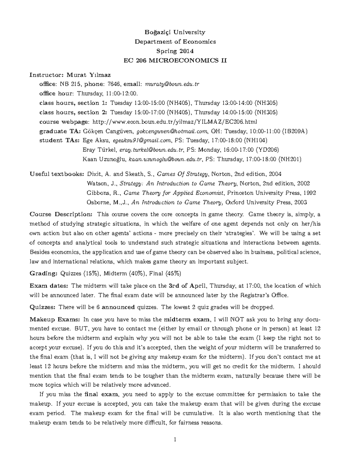 EC 206 Microeconomics II - Game Theory Overview and Exam Info - Studocu