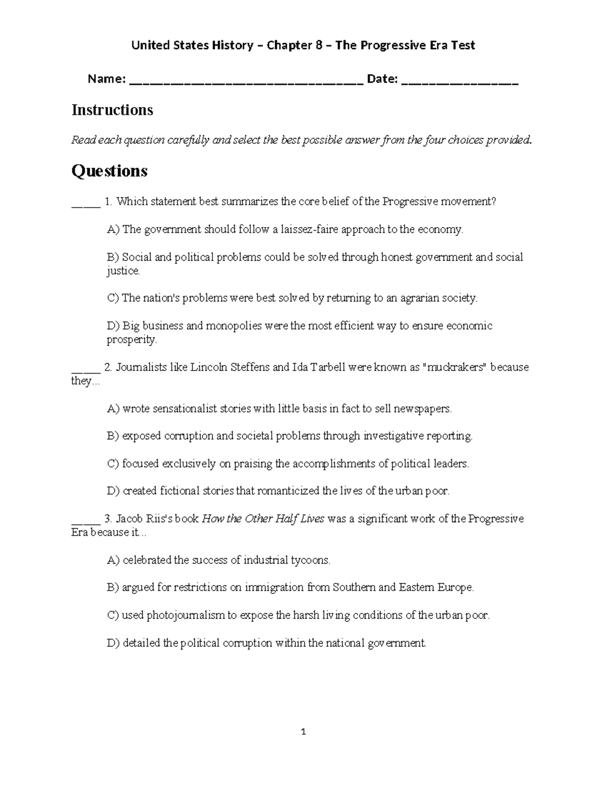 United States History (USH 101) Chapter 8 Progressive Era Test ...