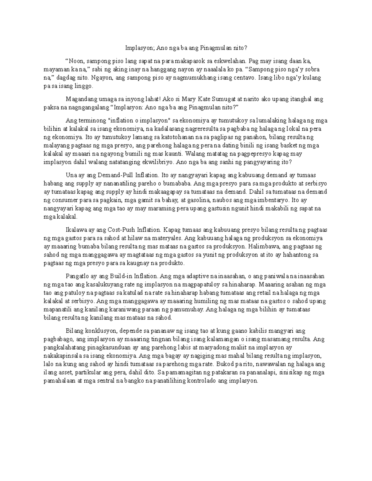 Talumpati Sa Filipino - Implasyon; Ano nga ba ang Pinagmulan nito ...