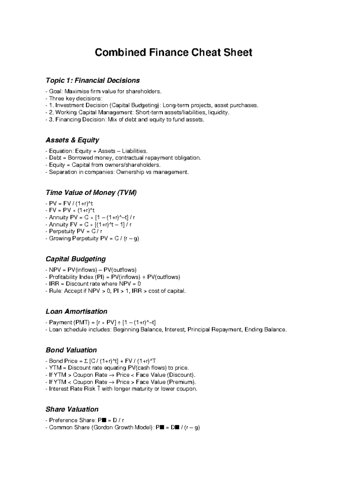 Finance Combined Cheat Sheet: Key Financial Decisions & Concepts - Studocu