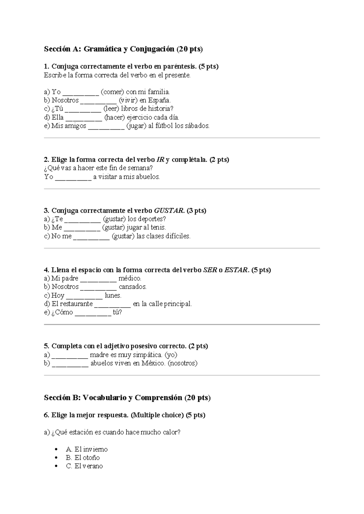 Sección A: Examen Práctico de Gramática y Vocabulario (20 pts) - Studocu