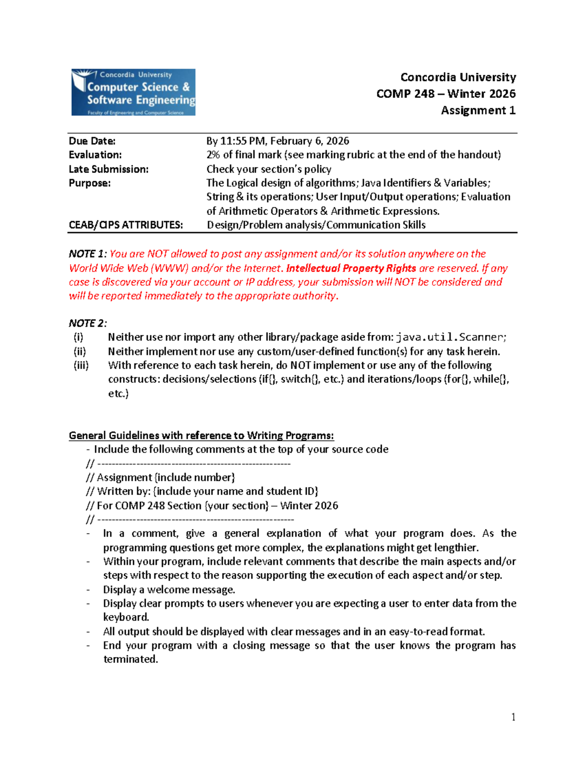 COMP 248 Winter 2026 - Assignment 1: Java Programming Tasks - Studocu
