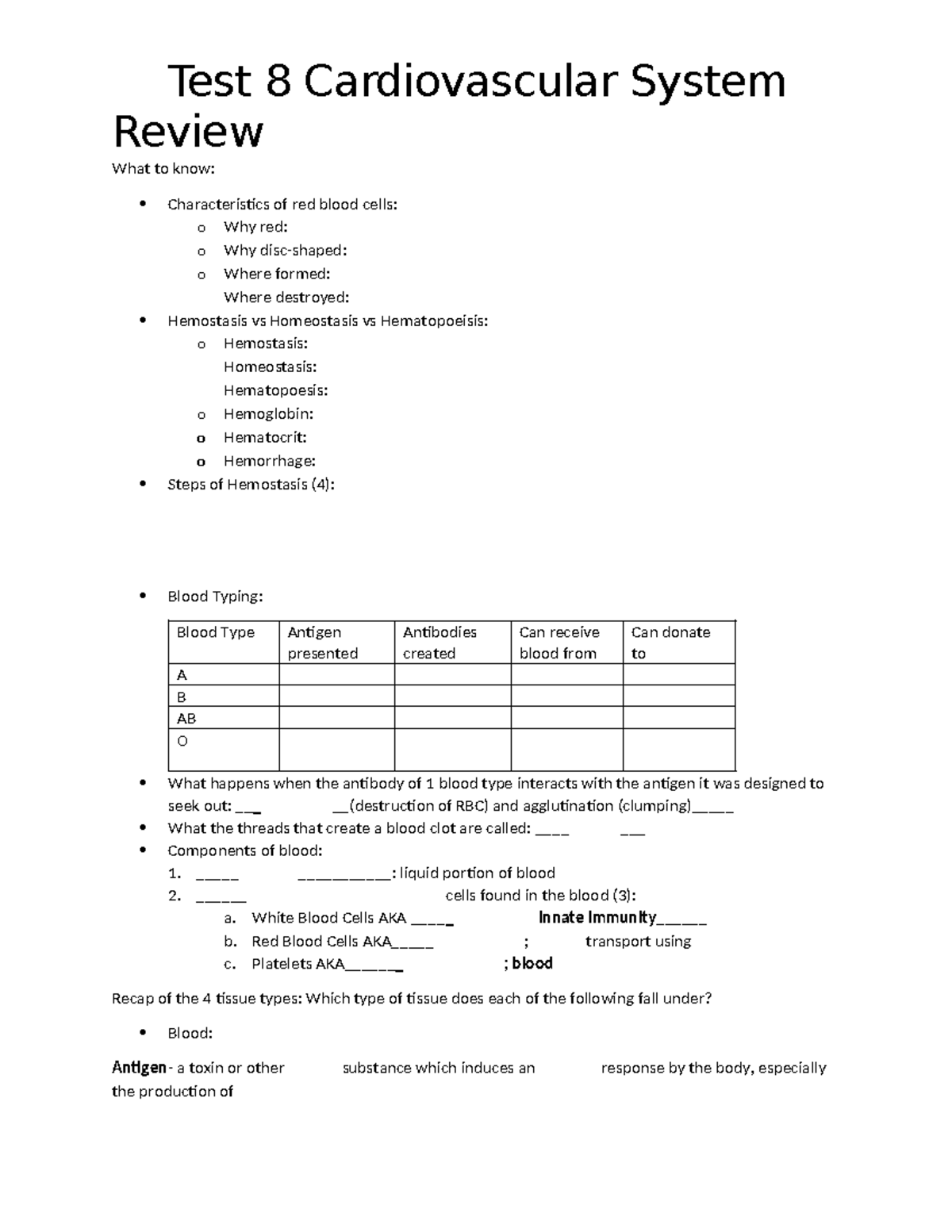 Test 8: Cardiovascular System Review and Blood Characteristics - Review ...