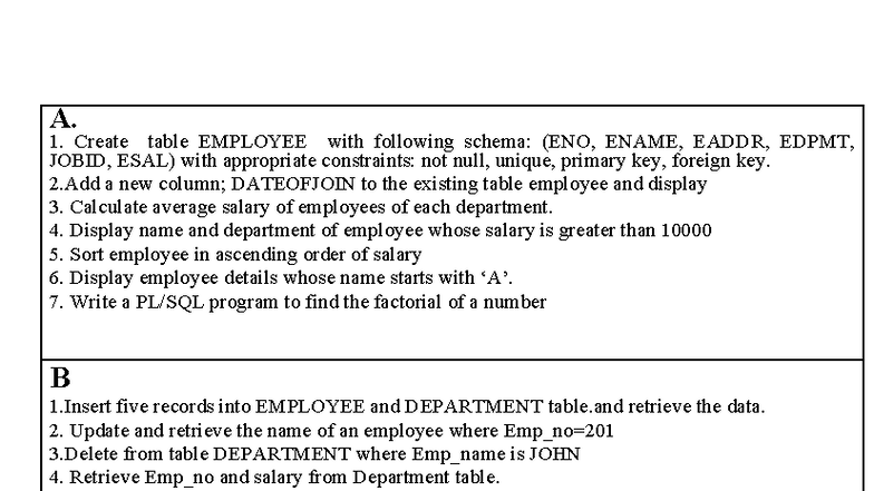 DBMS S5 Lab Exam Notes: Employee & Purchase Table Operations - Studocu