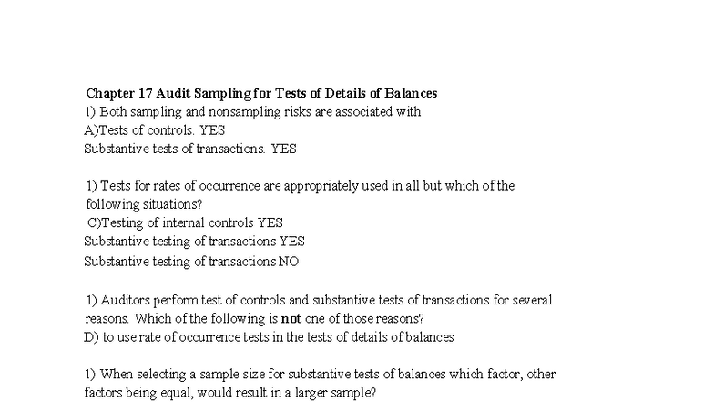 Chapter 17 Audit Sampling for Tests of Details of Balances MCQs - Studocu