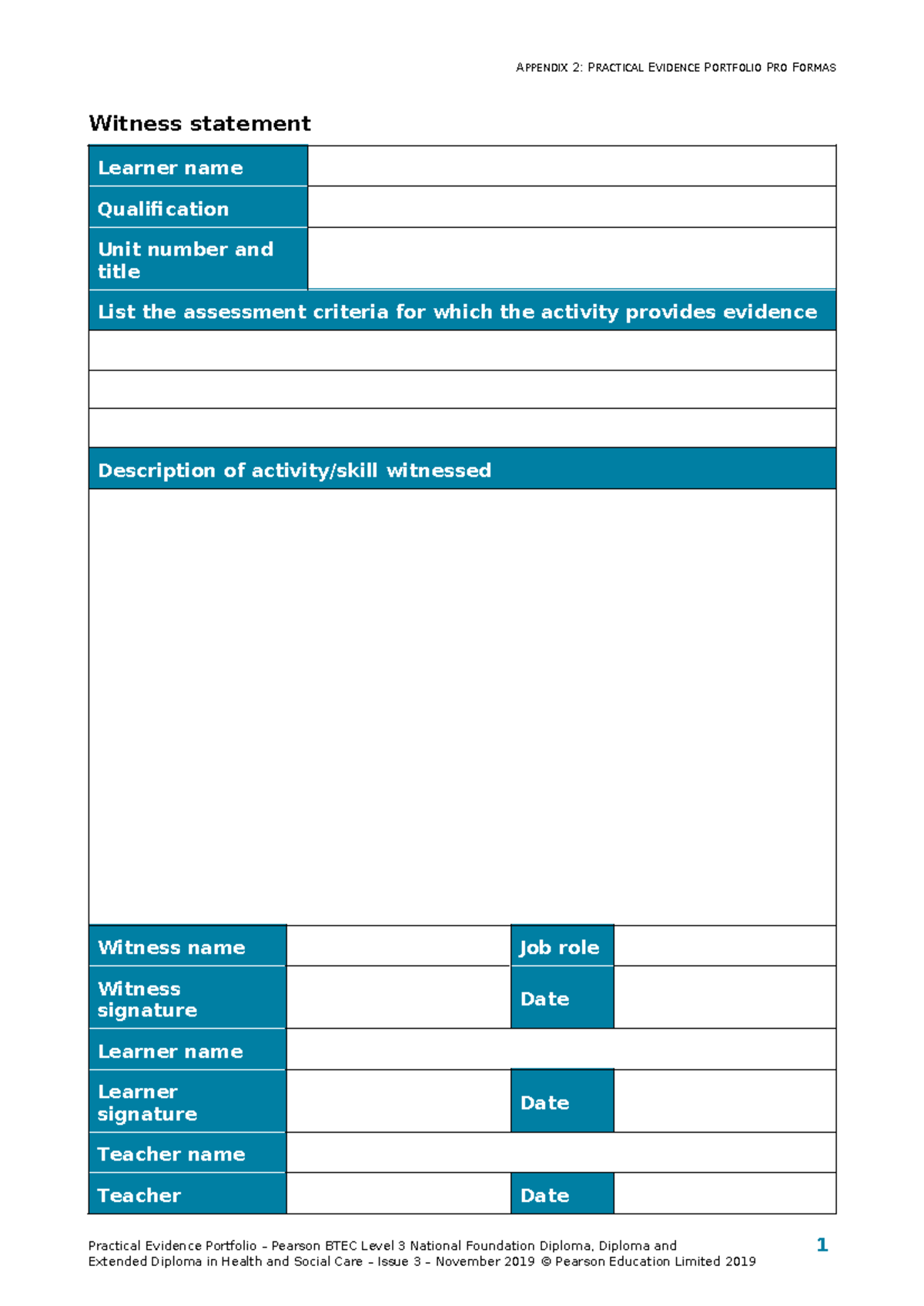 BTEC Level 3 Health & Social Care Witness Statement Forms Guide - Studocu
