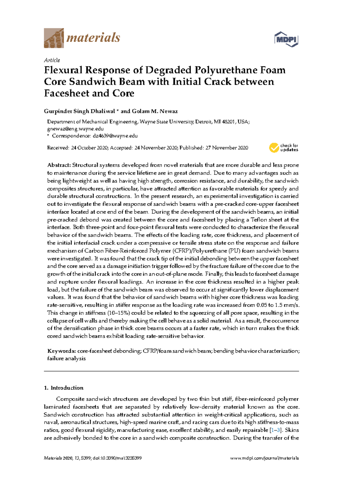 Flexural Response of Degraded Polyurethane Foam Core Sandwich Beam with ...