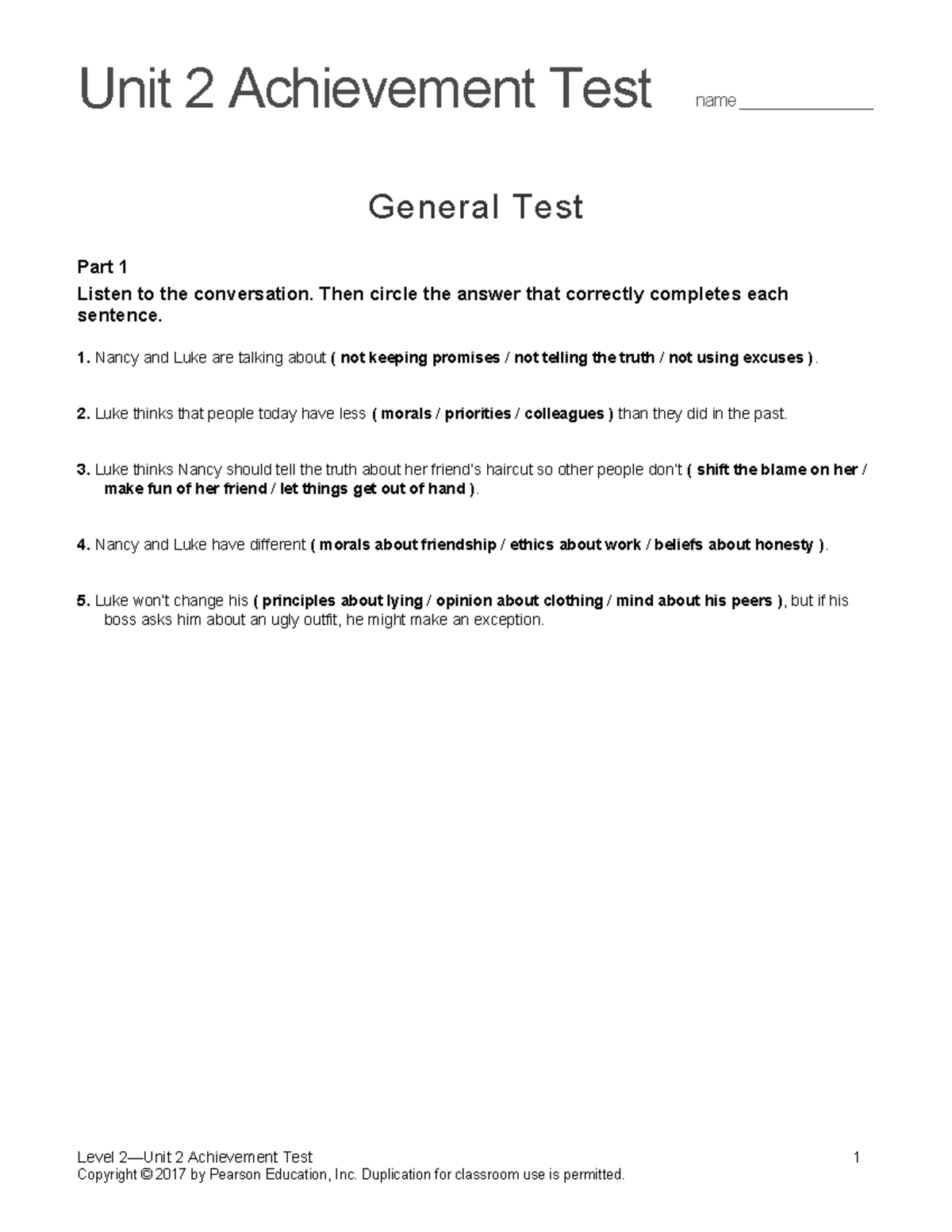 Unit 2 Achievement Test (Level 2) - Practice Assessment - Studocu