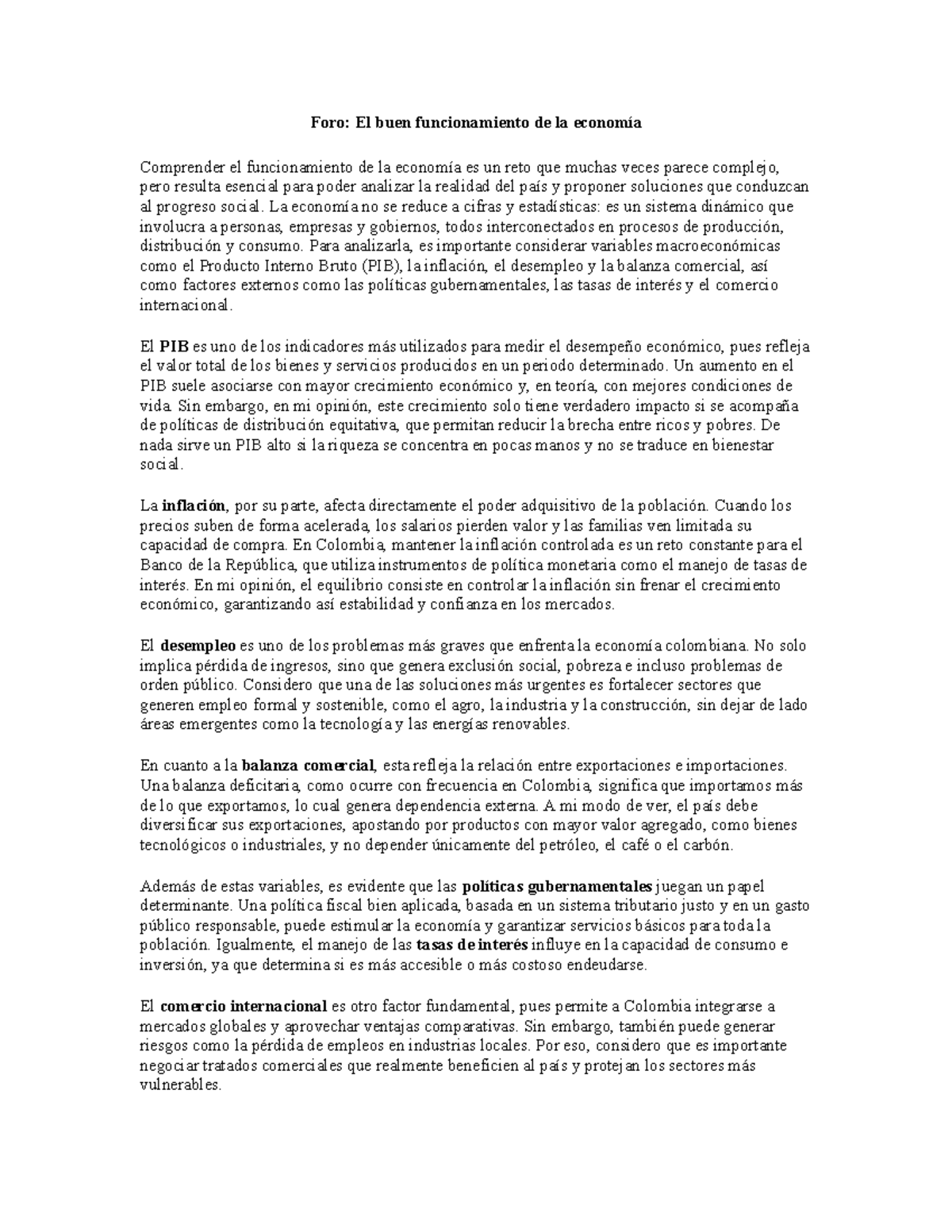 Foro: Análisis del Funcionamiento de la Economía Colombiana - Studocu