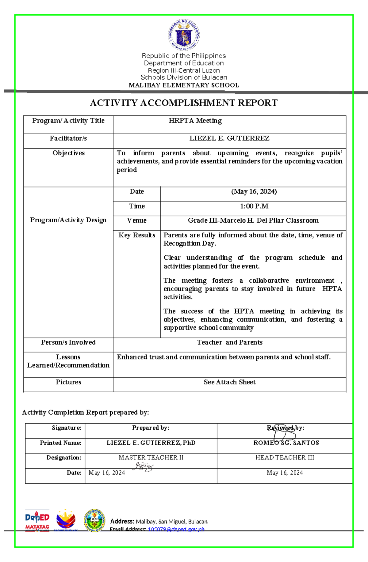 ACR HRPTA Meeting Report - May 16, 2024, Malibay Elementary School ...