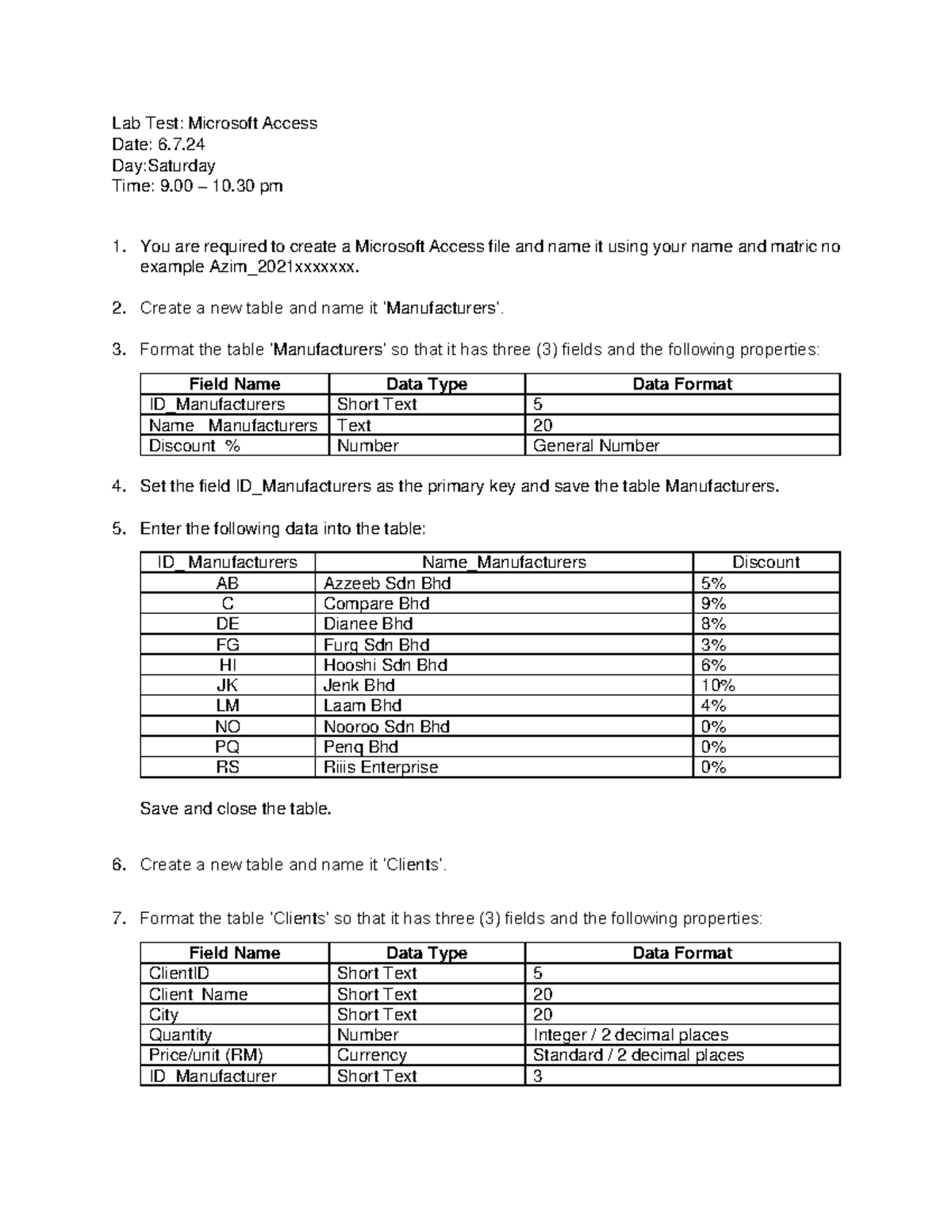 Lab Test: Microsoft Access Task Instructions & Table Creation Guide ...