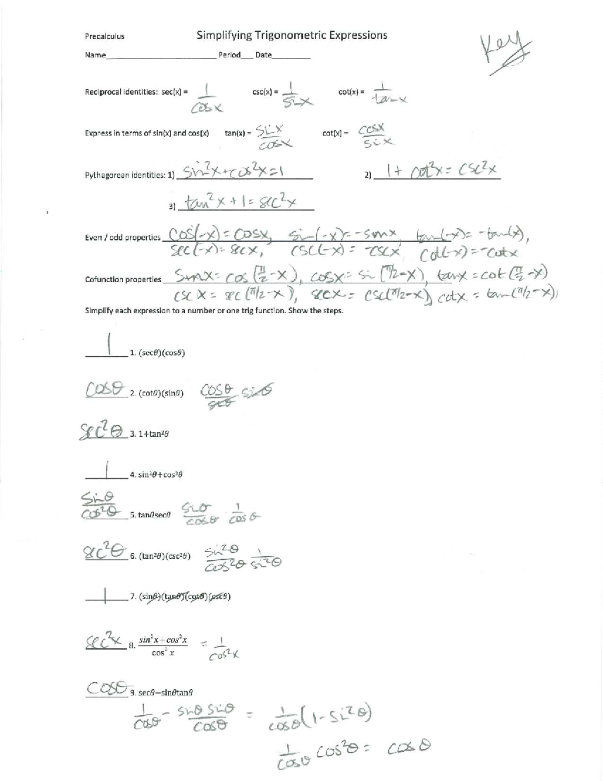 Precalculus (MATH101) Homework: Simplifying Trig Expressions Key - Studocu