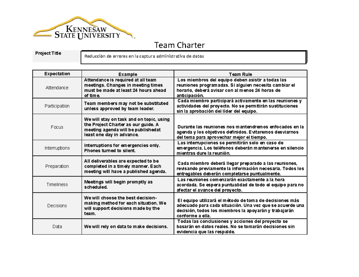 Six Sigma Yellow Belt Team Charter: Attendance & Participation ...