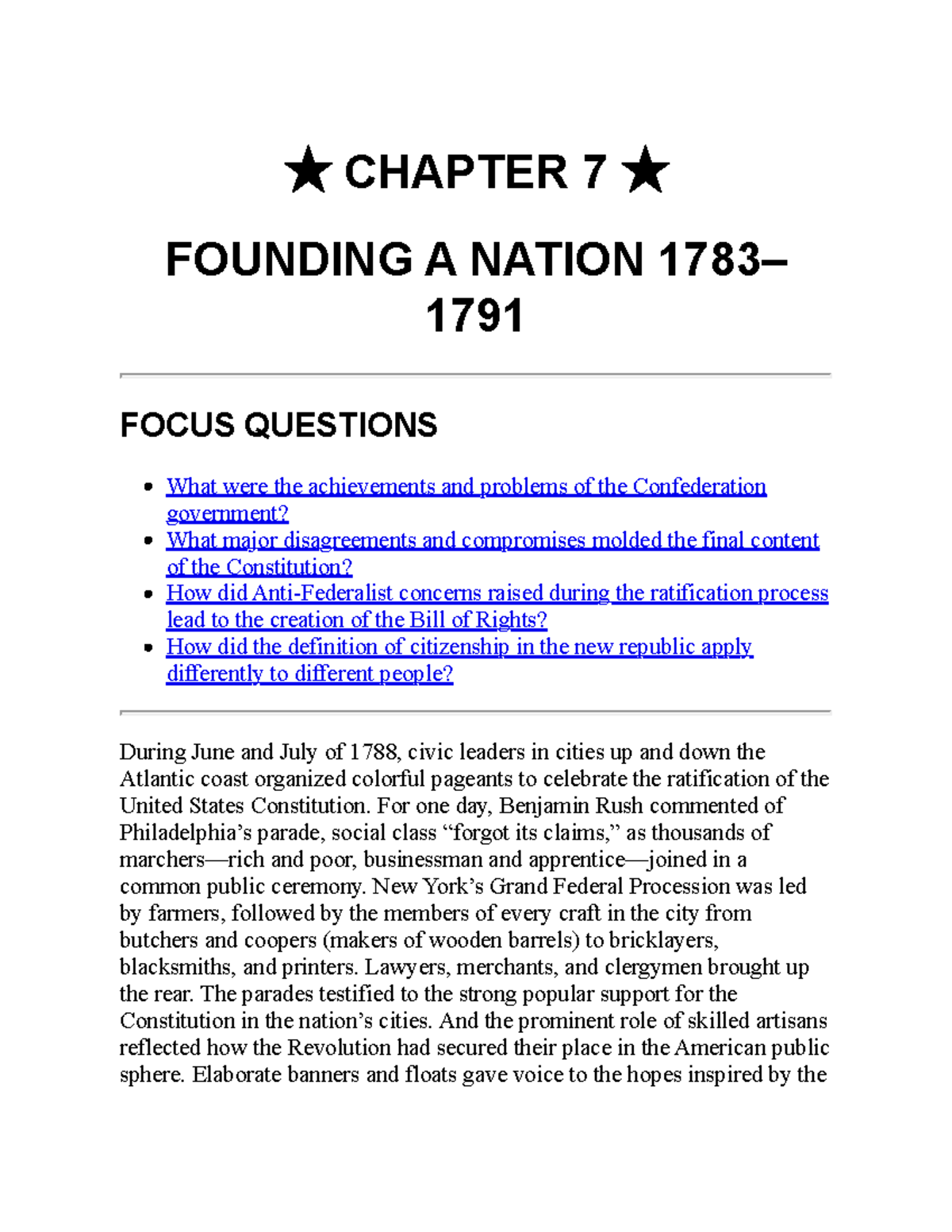 CHAPTER 7: FOUNDING A NATION 1791 - FOCUS QUESTIONS & DEBATES - Studocu