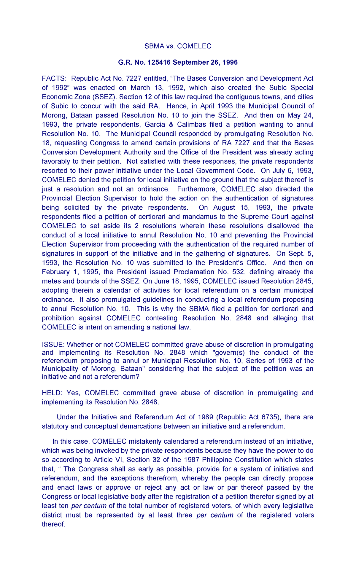 253561313 Case Digest of SBMA vs Comelec - SBMA vs. COMELEC G. No ...