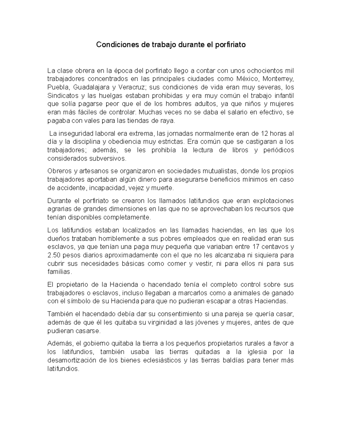 Condiciones Laborales y Socioeconómicas en el Porfiriato - Studocu