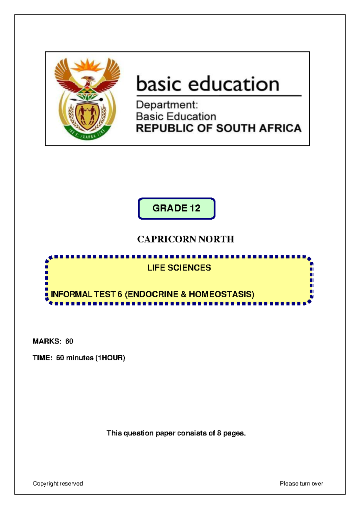 Grade 12 Informal Test 6: Endocrine System & Homeostasis - Studocu