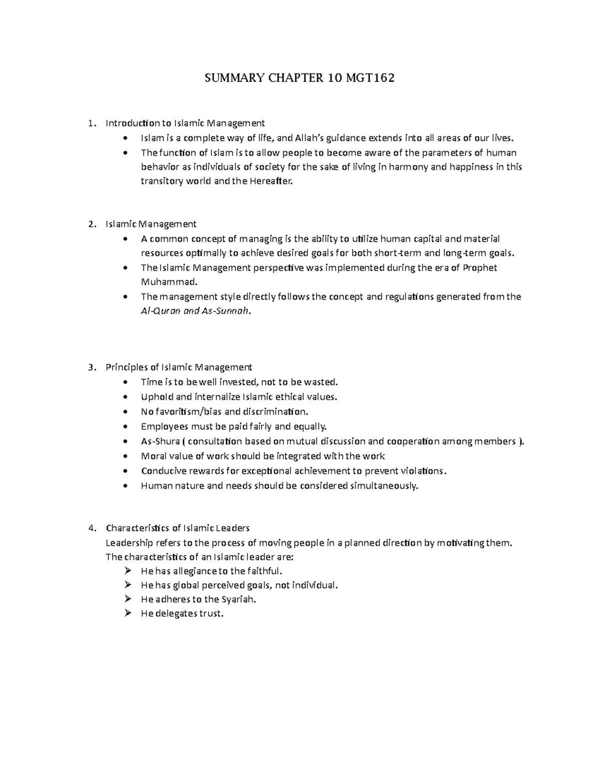 Summary of Chapter 10: Islamic Management Principles - MGT162 - Studocu