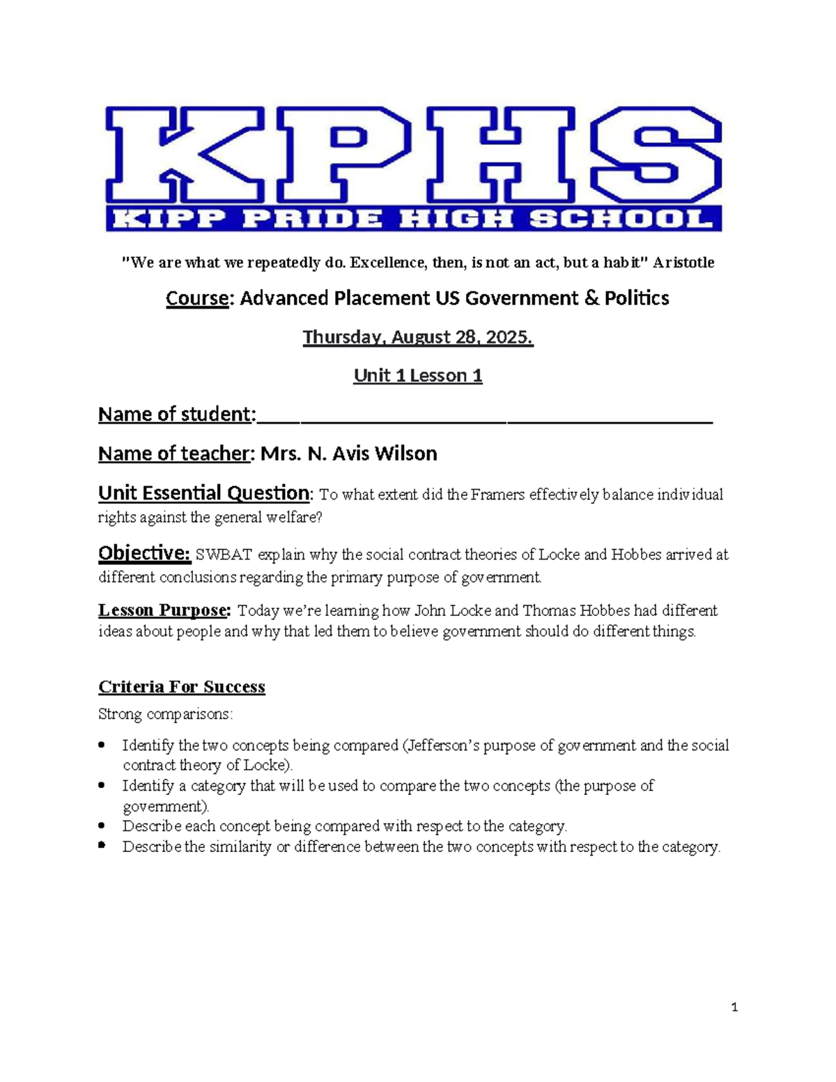 AP GOV Unit 1 Lesson 1 - Social Contract Theories of Locke & Hobbes ...