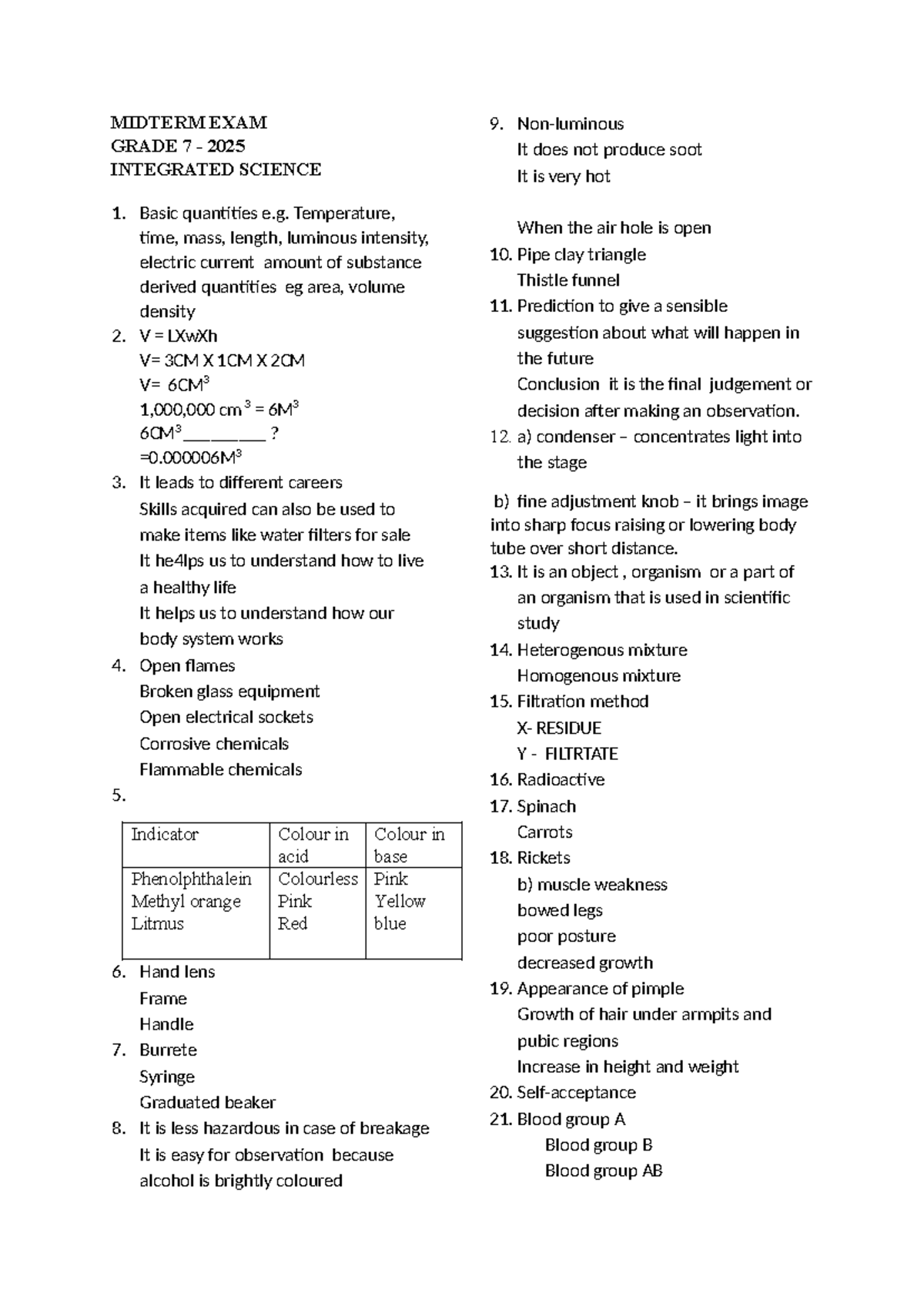 MIDTERM EXAM GRADE 7 2025 INTEGRATED SCIENCE REVISION NOTES - Studocu