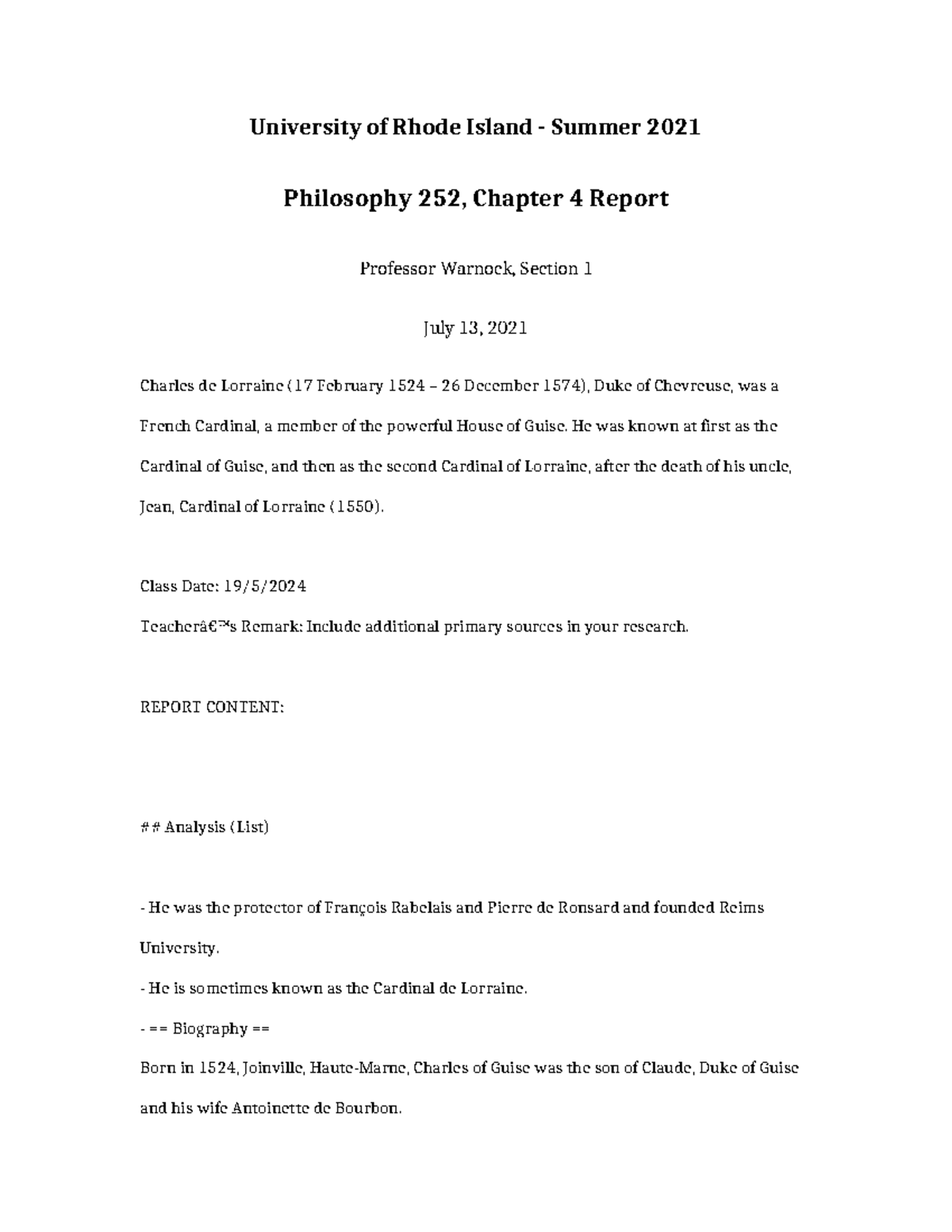 Philosophy 252 Chapter 4 Report - University of Rhode Island - Summer ...