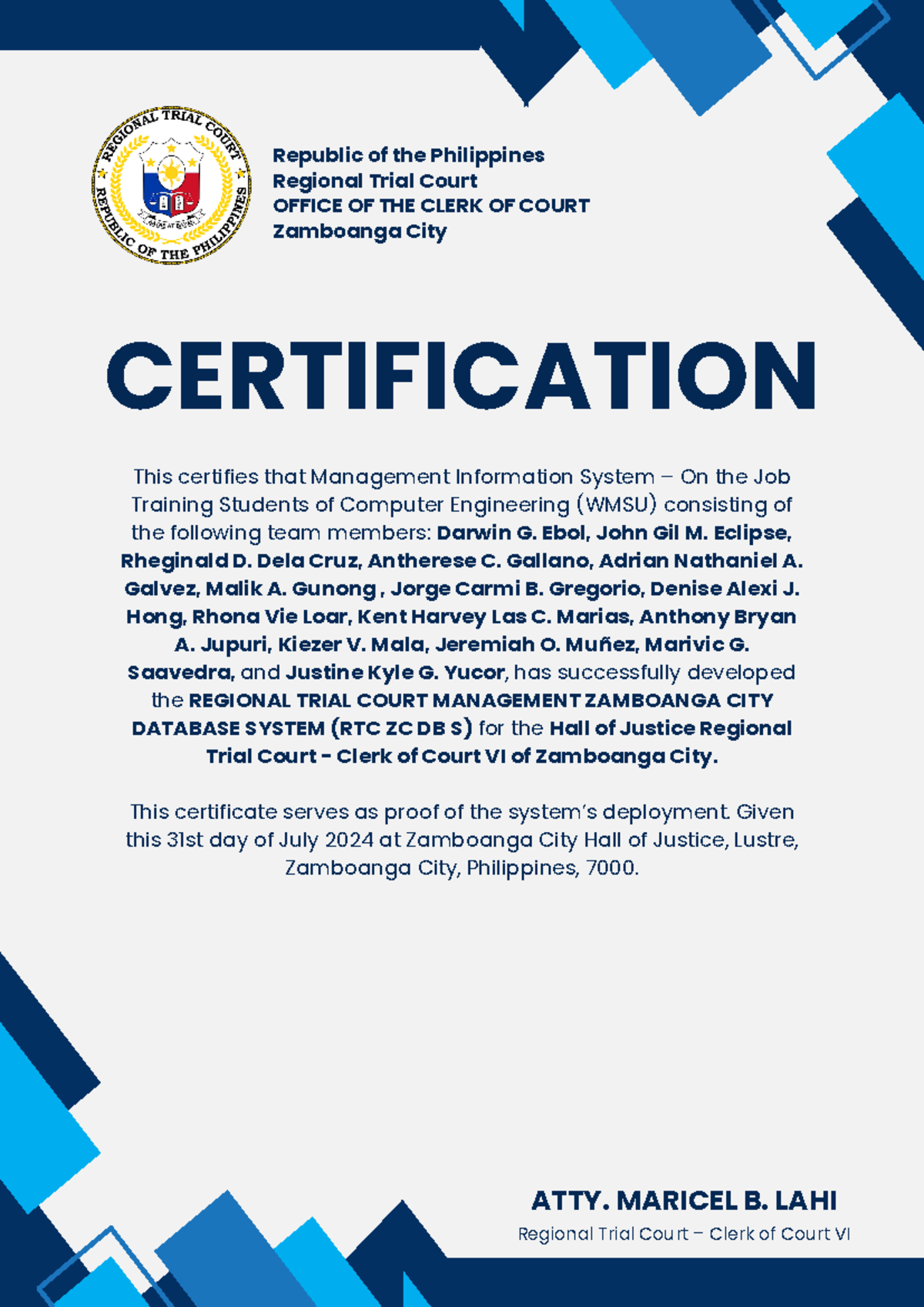 Eclipse-Cert - Deployment - CERTIFICATION This certifies that Management Information System – On ...