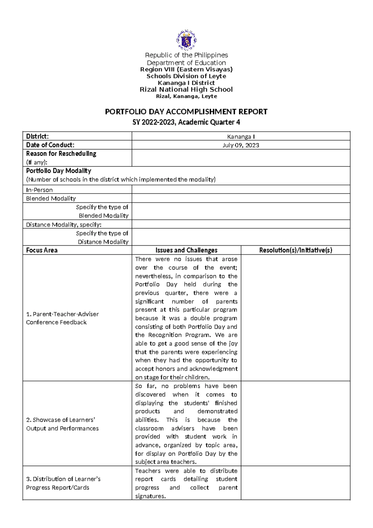 2nd Quarter Portfolio Day Report - SY 2024-2025 - ACR - Studocu