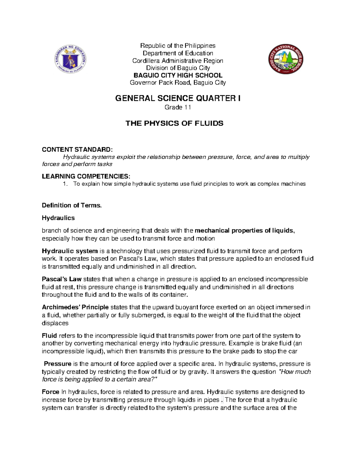 Grade 11 General Science: The Physics of Fluids Notes - Studocu