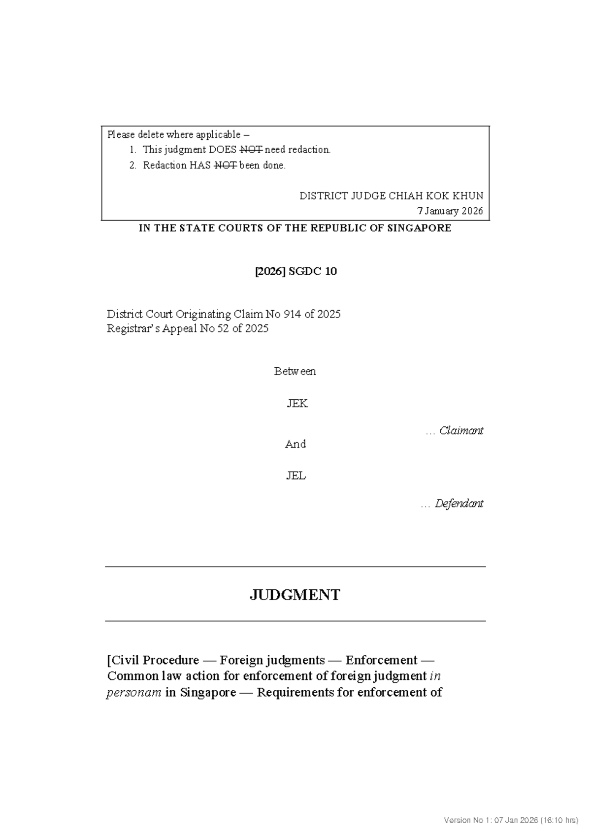 Judgment Analysis: JEK v JEL (SGDC 10) - Enforcement of Foreign ...