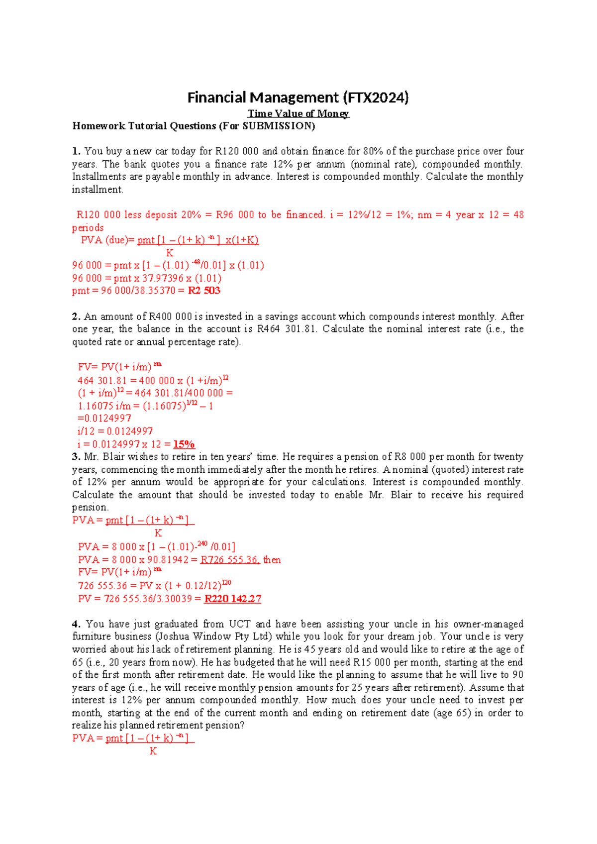 Financial Management (FTX2024) Time Value of Money Homework Tutorial - Studocu