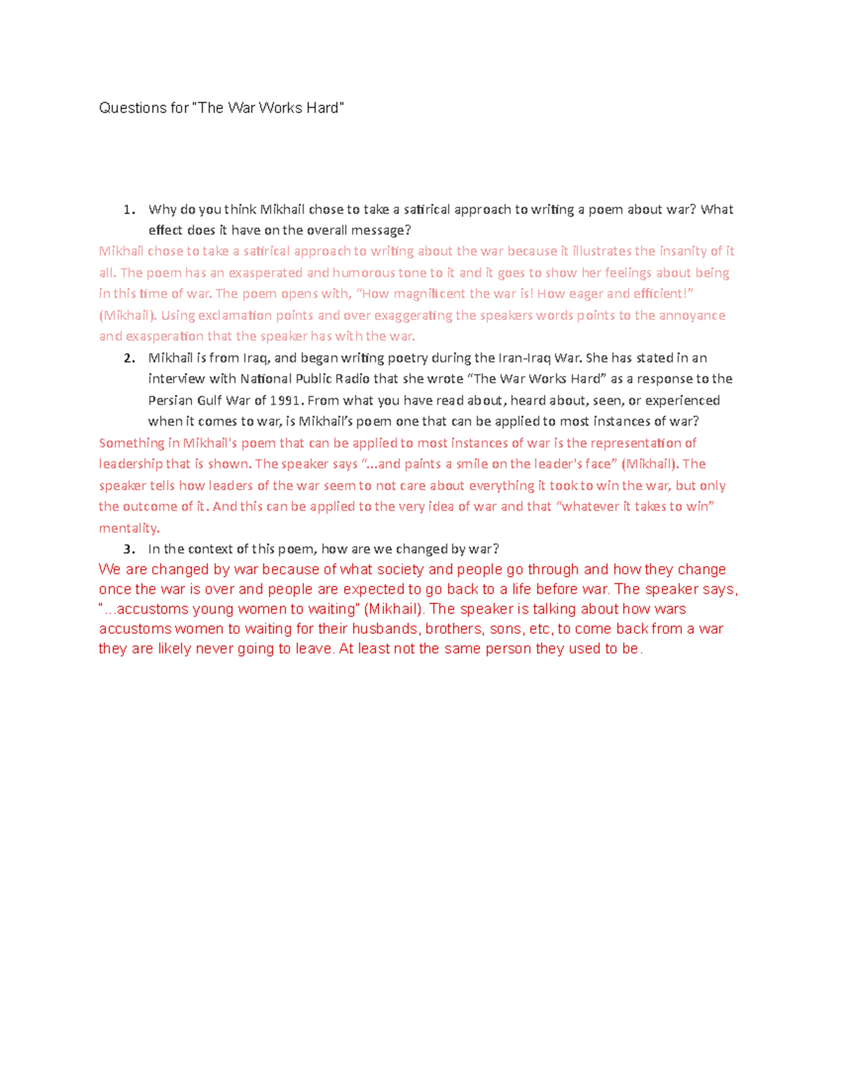 Analysis Questions for "The War Works Hard" - Study Guide - Studocu