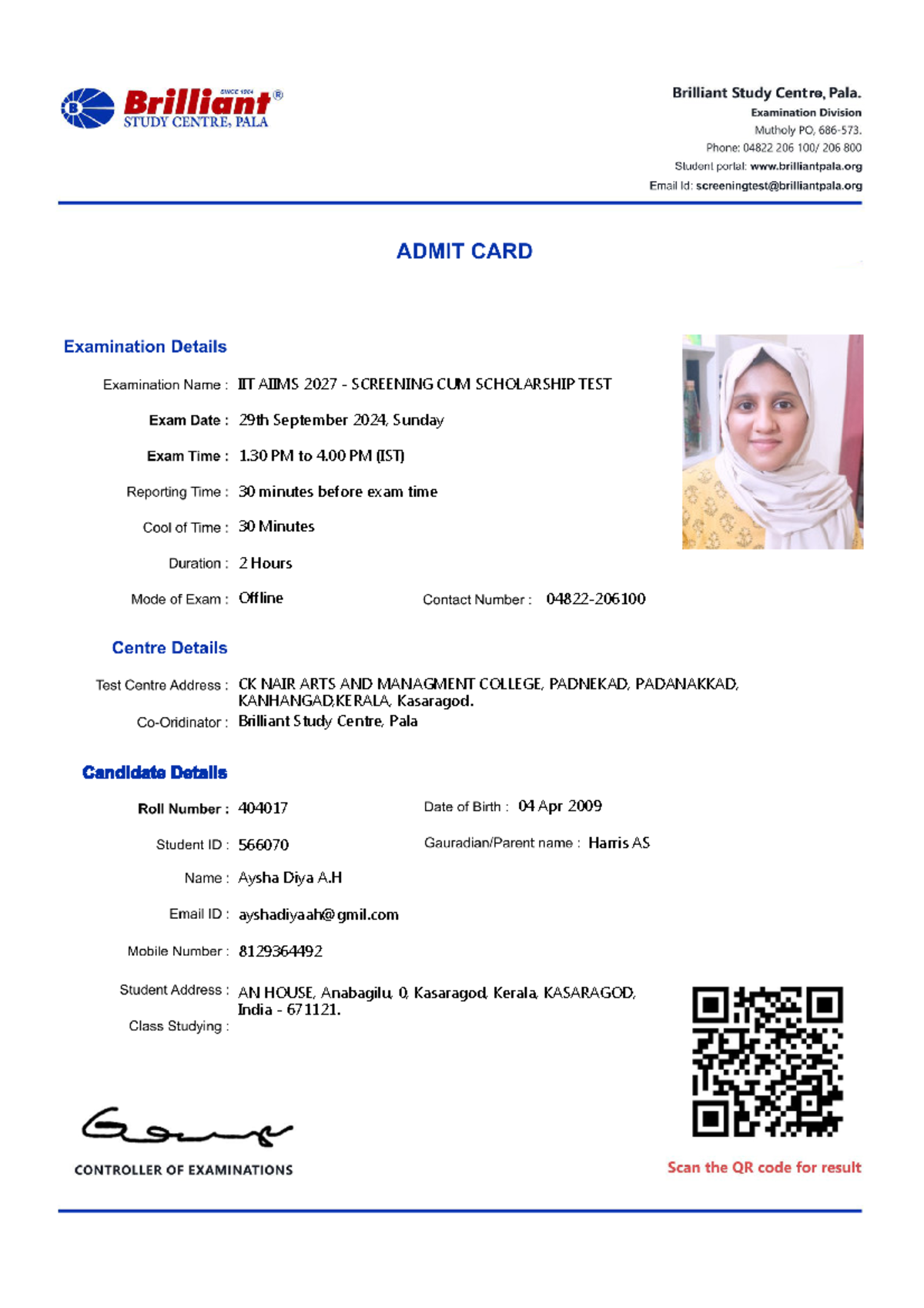 IIT/AIIMS 2027 Screening Test Hallticket Instructions - 566070 - Studocu