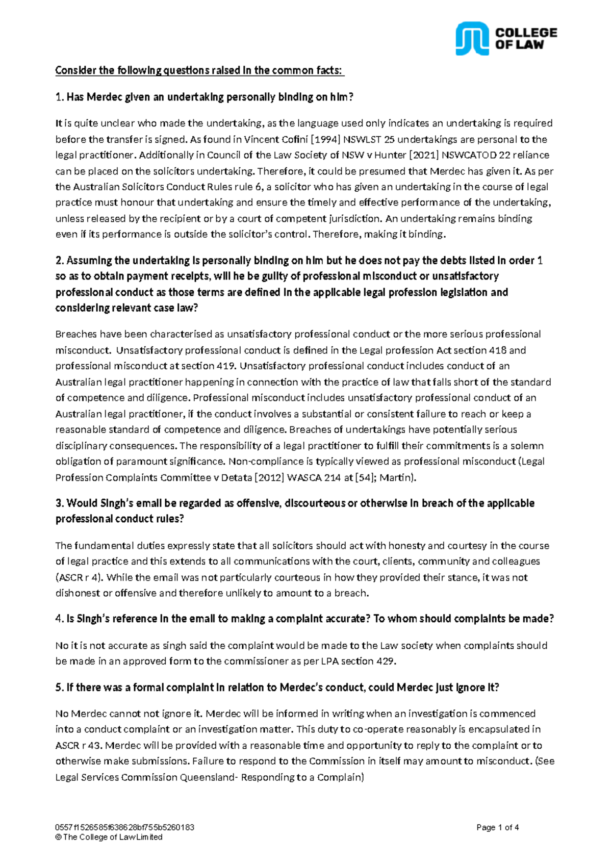 Legal Ethics: Questions & Analysis - EPR T1 A2 File Notes - Studocu