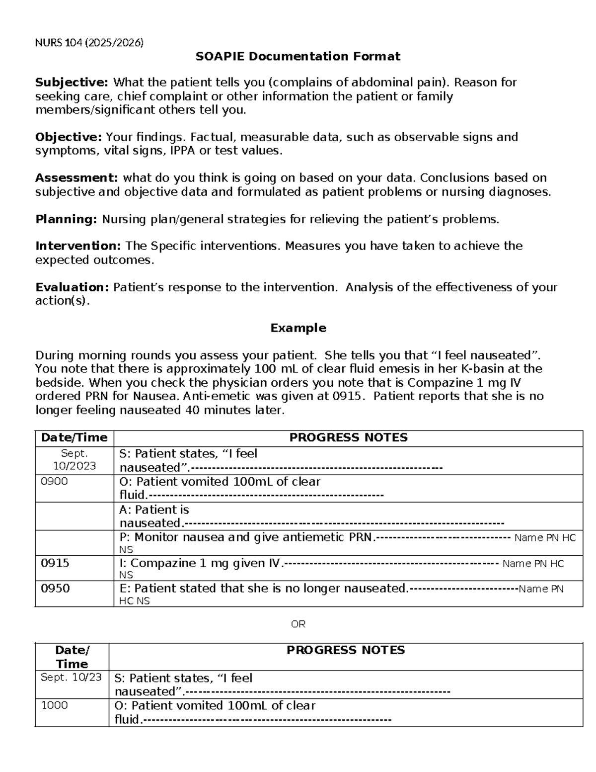 NURS 104 SOAPIE Documentation Example for 2025-2026 - Studocu