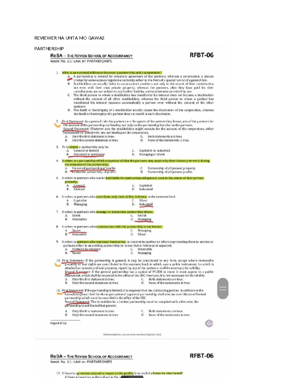 LAW 101: Corporation and Partnership Concepts Reviewer - Studocu
