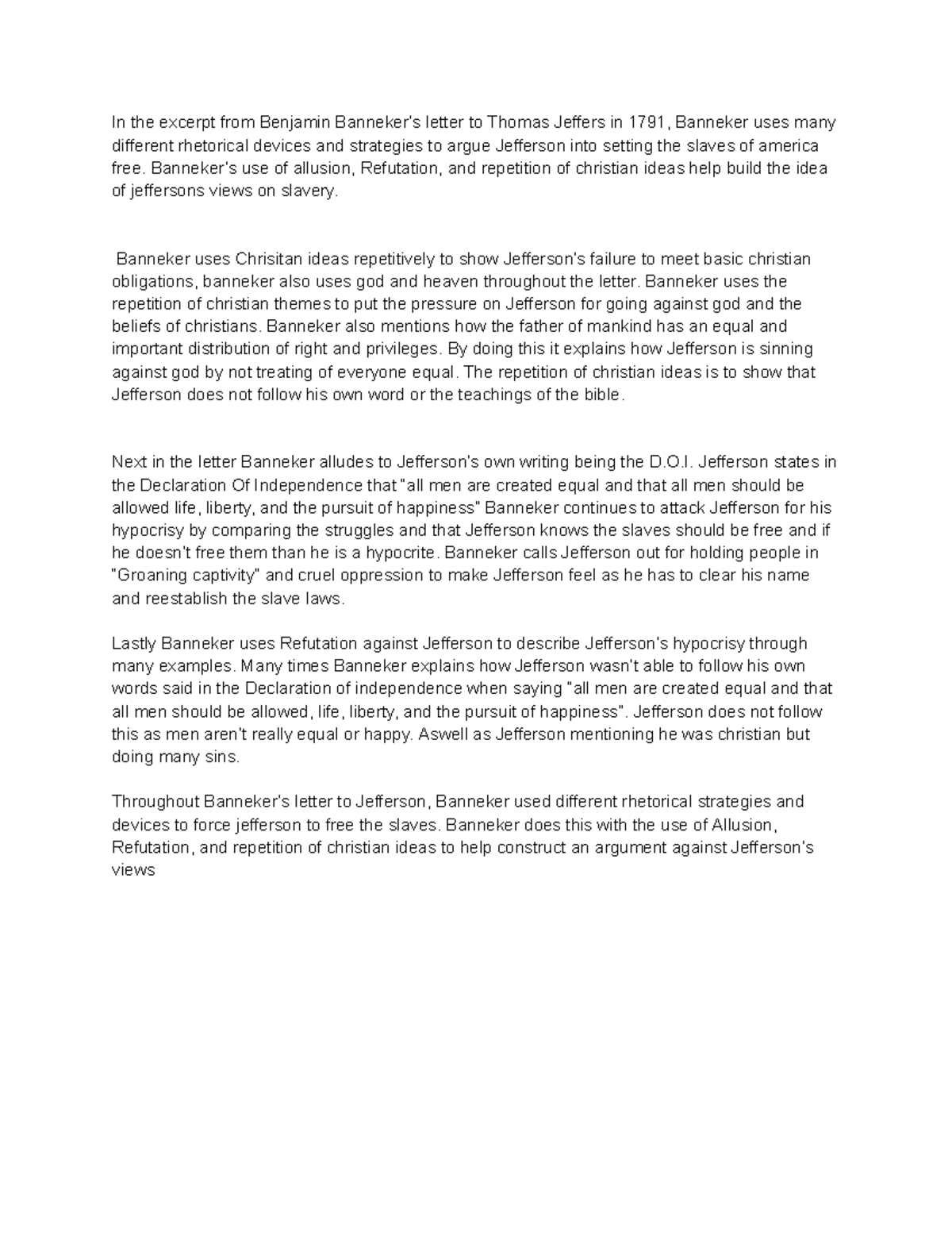1.06 Rhetorical Analysis of Banneker's Letter to Jefferson - Studocu