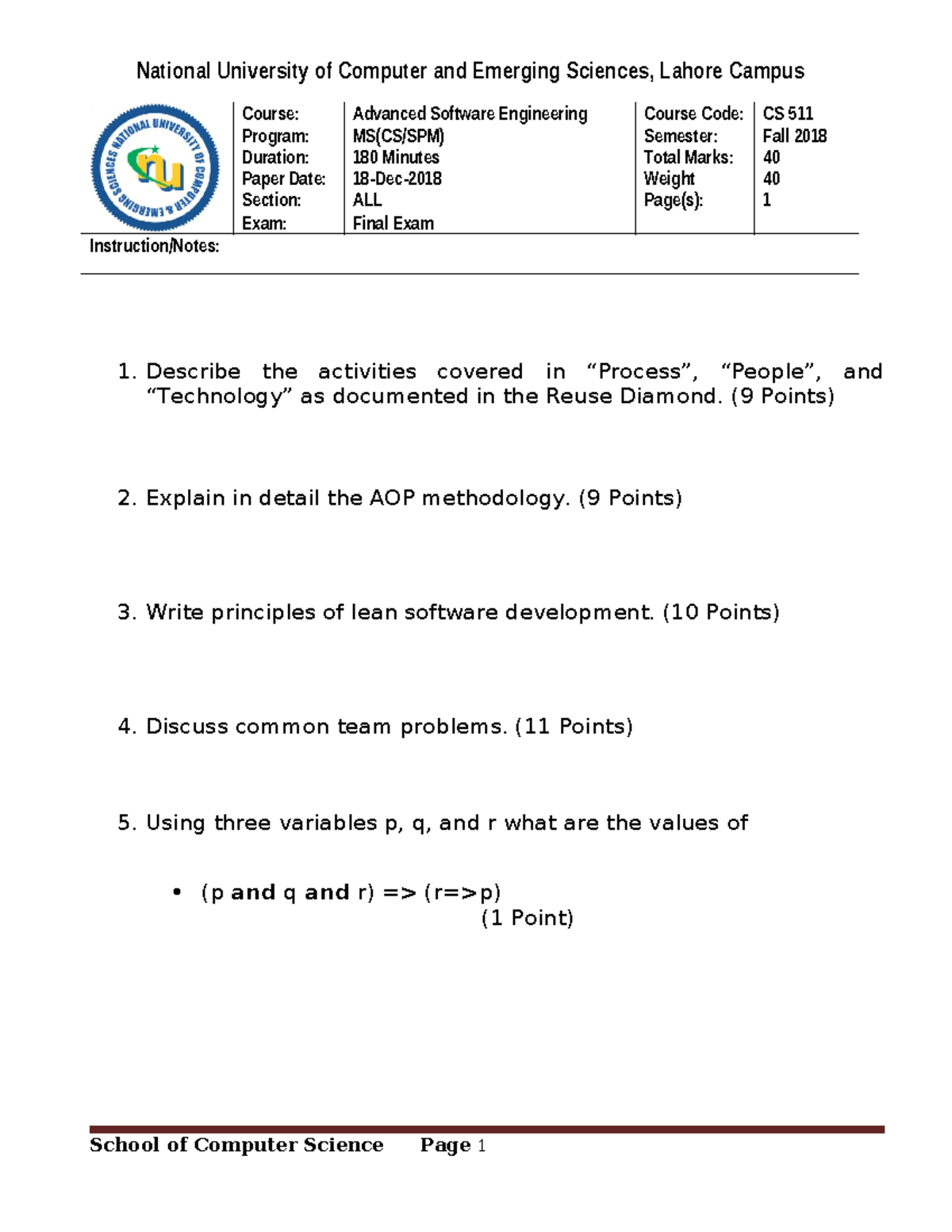 Final Exam Notes for Advanced Software Engineering (CS 511) F2018 - Studocu
