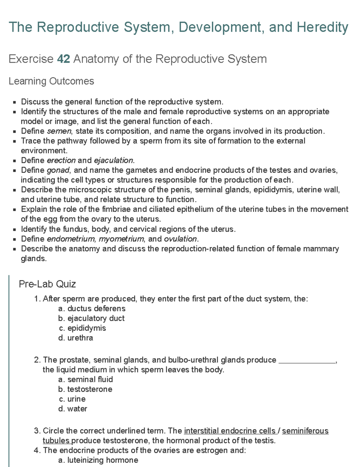 Pre Lab 42 - Reproductive System Quiz & Learning Outcomes - Studocu