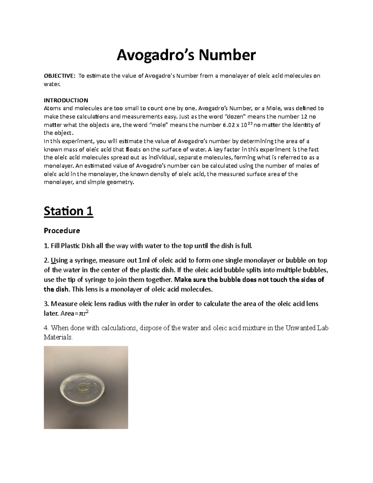 Chem 105 Lab: Estimating Avogadro's Number from Oleic Acid Monolayer - Studocu