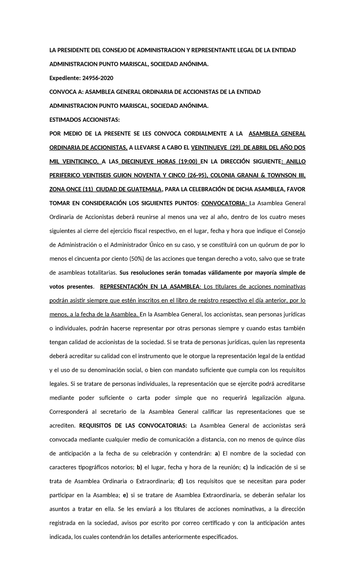 Convocatoria a Asamblea General Ordinaria de Accionistas - APMSA - Studocu